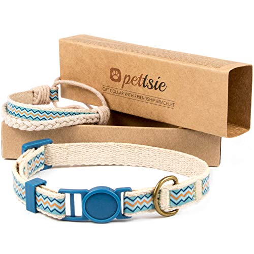 Pettsie Cat Collar Breakaway Safety and Friendship Bracelet for You, Durable 100% Cotton for Extra Safety, Comfortable and Soft, D-Ring for Accessories, Gift Box Included (7.5"-11.5" Neck, Blue)