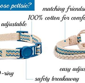 Pettsie Cat Collar Breakaway Safety and Friendship Bracelet for You, Durable 100% Cotton for Extra Safety, Comfortable and Soft, D-Ring for Accessories, Gift Box Included (7.5"-11.5" Neck, Blue)