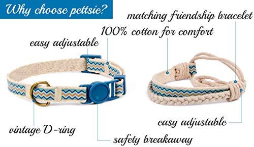 Pettsie Cat Collar Breakaway Safety and Friendship Bracelet for You, Durable 100% Cotton for Extra Safety, Comfortable and Soft, D-Ring for Accessories, Gift Box Included (7.5"-11.5" Neck, Blue)