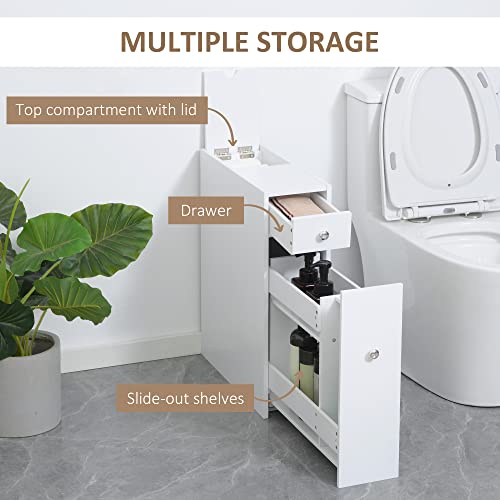 HOMCOM Bathroom Floor Organizer Free Standing Space Saving Narrow Storage Cabinet Bath Toilet Paper Holder with Drawers White