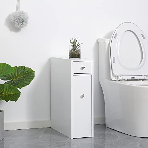 HOMCOM Bathroom Floor Organizer Free Standing Space Saving Narrow Storage Cabinet Bath Toilet Paper Holder with Drawers White