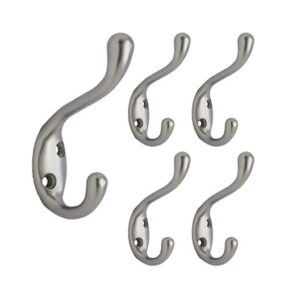 qcaa heavy duty coat and hat hook hanger, 3-3/8", zinc die cast, satin nickel, 5 pack, made in taiwan