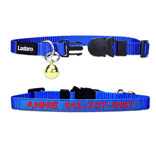 Personalized Nylon Cat Collar Breakaway with Bell - Custom Embroidered Text ID Collars with Pet Name and Phone Number