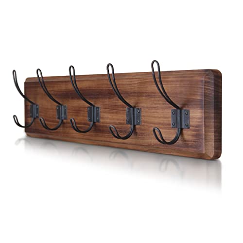 Rustic Coat Rack with 5 Hooks – Rustic Brown Wall Mounted 24" Coat Rack - Solid Pine Wood Entryway Hanger for Hanging Clothes, Hats, Purse, Keys - Vintage Farmhouse Coat Rack for Kitchen, Bedroom