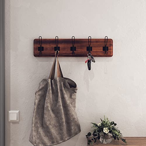 Rustic Coat Rack with 5 Hooks – Rustic Brown Wall Mounted 24" Coat Rack - Solid Pine Wood Entryway Hanger for Hanging Clothes, Hats, Purse, Keys - Vintage Farmhouse Coat Rack for Kitchen, Bedroom