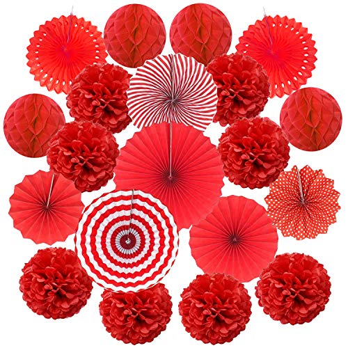 Recosis Hanging Paper Fan Set, Tissue Paper Pom Poms Flower Fan and Honeycomb Balls for Birthday Baby Shower Wedding Festival Decorations - Red