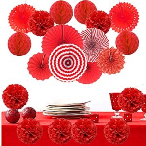 Recosis Hanging Paper Fan Set, Tissue Paper Pom Poms Flower Fan and Honeycomb Balls for Birthday Baby Shower Wedding Festival Decorations - Red