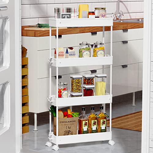 SPACEKEEPER Slim Rolling Storage Cart 4 Tier Bathroom Organizer Mobile Shelving Unit Utility Cart Tower Rack for Kitchen Laundry Narrow Places, White