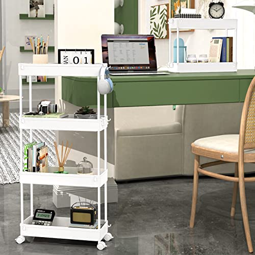 SPACEKEEPER Slim Rolling Storage Cart 4 Tier Bathroom Organizer Mobile Shelving Unit Utility Cart Tower Rack for Kitchen Laundry Narrow Places, White