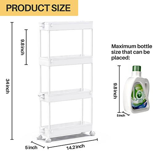 SPACEKEEPER Slim Rolling Storage Cart 4 Tier Bathroom Organizer Mobile Shelving Unit Utility Cart Tower Rack for Kitchen Laundry Narrow Places, White