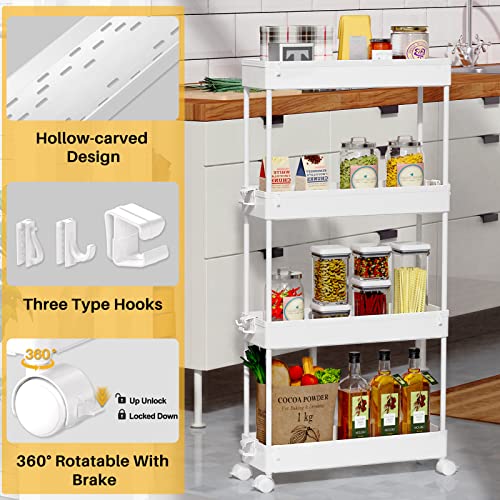 SPACEKEEPER Slim Rolling Storage Cart 4 Tier Bathroom Organizer Mobile Shelving Unit Utility Cart Tower Rack for Kitchen Laundry Narrow Places, White