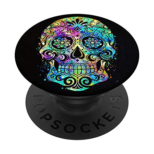 Cool Sugar Skull Mexican Design Colorful Paint Art on Black PopSockets PopGrip: Swappable Grip for Phones & Tablets