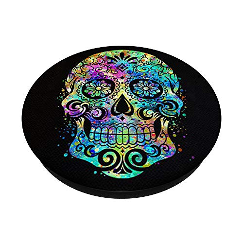 Cool Sugar Skull Mexican Design Colorful Paint Art on Black PopSockets PopGrip: Swappable Grip for Phones & Tablets