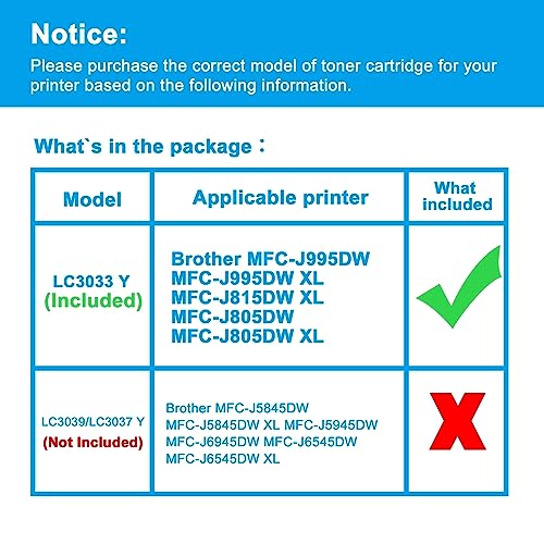 LCL Compatible Ink Cartridge Pigment Replacement for Brother LC3033 XXL LC3033XXL LC3033Y MFC-J995DW MFC-J995DW XL (Yellow 1-Pack)