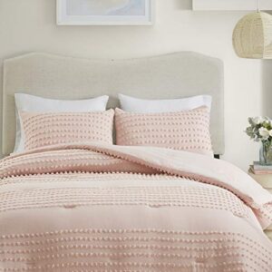 comfort spaces 100% comforter set cotton jacquard pom tufts design hypoallergenic down alternative, all season modern bedding, matching shams, full/queen, phillips, blush