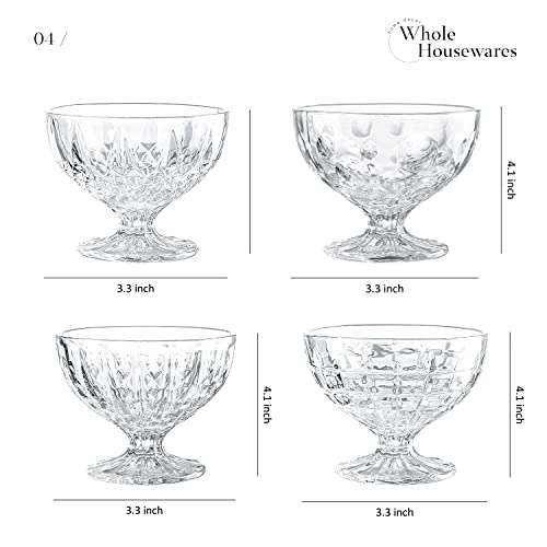 WHOLE HOUSEWARES | Glass Dessert Bowls | Set of 4 Unique Mini Trifle Footed Cups | 8 Ounce Clear Glass | Salad/Ice Cream Sundae Cups