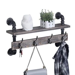 mbqq industrial pipe wall coat rack entryway wall shelf hanging shelf, real wooden shelves and 4 metal hooks,rustic coat rack wall mounted for hallway,bathroom,livingn room,bedroom,24 inch