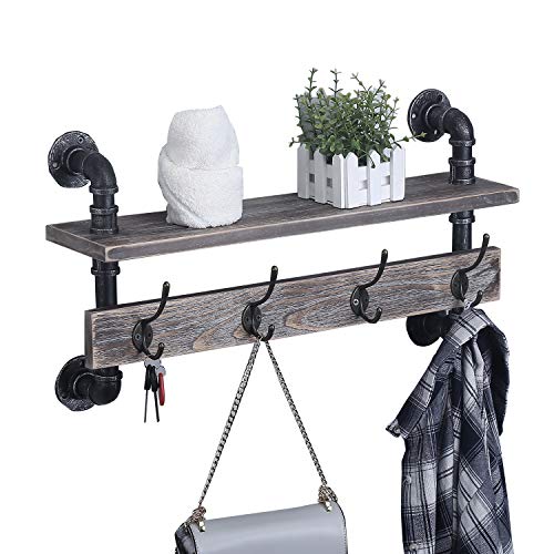 MBQQ Industrial Pipe Wall Coat Rack Entryway Wall Shelf Hanging Shelf, Real Wooden Shelves and 4 Metal Hooks,Rustic Coat Rack Wall Mounted for Hallway,Bathroom,Livingn Room,Bedroom,24 inch