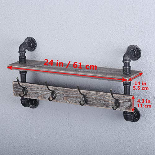 MBQQ Industrial Pipe Wall Coat Rack Entryway Wall Shelf Hanging Shelf, Real Wooden Shelves and 4 Metal Hooks,Rustic Coat Rack Wall Mounted for Hallway,Bathroom,Livingn Room,Bedroom,24 inch