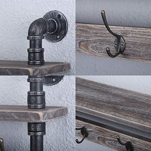 MBQQ Industrial Pipe Wall Coat Rack Entryway Wall Shelf Hanging Shelf, Real Wooden Shelves and 4 Metal Hooks,Rustic Coat Rack Wall Mounted for Hallway,Bathroom,Livingn Room,Bedroom,24 inch