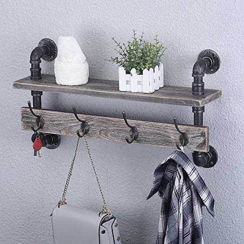 MBQQ Industrial Pipe Wall Coat Rack Entryway Wall Shelf Hanging Shelf, Real Wooden Shelves and 4 Metal Hooks,Rustic Coat Rack Wall Mounted for Hallway,Bathroom,Livingn Room,Bedroom,24 inch