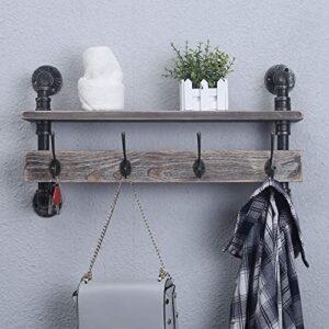 MBQQ Industrial Pipe Wall Coat Rack Entryway Wall Shelf Hanging Shelf, Real Wooden Shelves and 4 Metal Hooks,Rustic Coat Rack Wall Mounted for Hallway,Bathroom,Livingn Room,Bedroom,24 inch