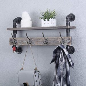 MBQQ Industrial Pipe Wall Coat Rack Entryway Wall Shelf Hanging Shelf, Real Wooden Shelves and 4 Metal Hooks,Rustic Coat Rack Wall Mounted for Hallway,Bathroom,Livingn Room,Bedroom,24 inch