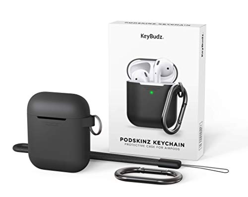 KeyBudz Elevate Series AirPods Case [Front LED Visible] Keychain Protective Silicone Cover Compatible with AirPods Case 1 & 2 (with Carabiner, Black)