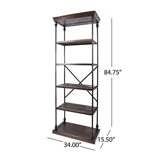 Great Deal Furniture Alma Industrial 5 Shelf Firwood Bookcase, Dark Walnut and Black