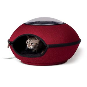 k&h pet products thermo lookout pod indoor heated cat bed for large cats, heated cat cave, thermal cat mat hideaway for small or large cats and kittens - classy red 22 inches