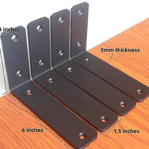 8 Pack - L 6" x H 4" x W 1.5", 5mm Thick Black L Shelf Bracket, Iron Shelf Brackets, Metal Shelf Bracket, Industrial Shelf Bracket Decorative Shelving, Shelf Supports with Screws