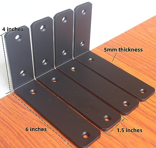 8 Pack - L 6" x H 4" x W 1.5", 5mm Thick Black L Shelf Bracket, Iron Shelf Brackets, Metal Shelf Bracket, Industrial Shelf Bracket Decorative Shelving, Shelf Supports with Screws