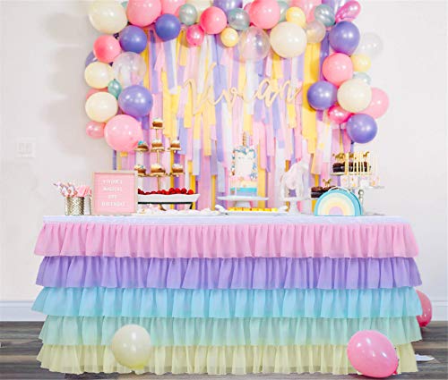 GewoneLife Rainbow Tulle Table Skirt 6FT Tutu Table Clothing for Baby Shower Birthday Party Decoration,Unicorn Table Skirt for Rectangle and Round Tables(L72in,H30in)