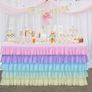 GewoneLife Rainbow Tulle Table Skirt 6FT Tutu Table Clothing for Baby Shower Birthday Party Decoration,Unicorn Table Skirt for Rectangle and Round Tables(L72in,H30in)