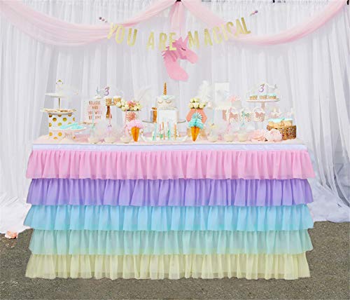 GewoneLife Rainbow Tulle Table Skirt 6FT Tutu Table Clothing for Baby Shower Birthday Party Decoration,Unicorn Table Skirt for Rectangle and Round Tables(L72in,H30in)