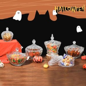 ComSaf Halloween Glass Candy Dish with Lid, Clear Covered Halloween Candy Bowl, Crystal Candy Jar, Halloween Candy server for Home Kitchen Office Table, Small Set of 2