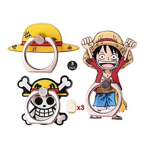 ZOSTLAND 3PCS Pirate King Skull Straw Hat Phone Ring,Universal 360°Adjustable Phone Case Finger Grip Stand Holder Desk Stent Mount Hook Compatible with iPhone 14 13 12 11 MAX X Plus iPad (3Pack Luffy)