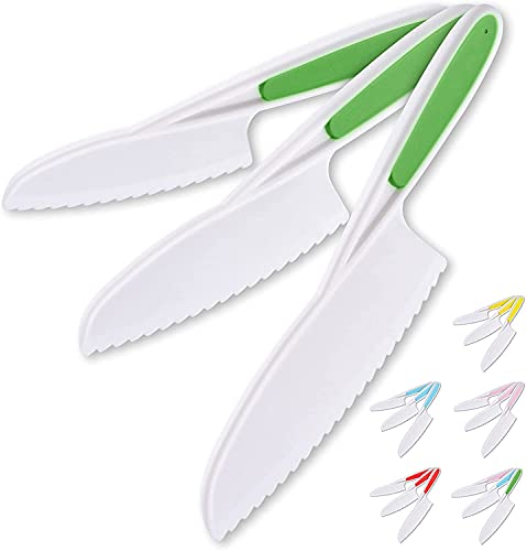 Zulay Kids Knife Set for Cooking and Cutting Fruits, Veggies & Cake - Perfect Starter Knife Set for Little Hands in the Kitchen - 3-Piece Nylon Knife for Kids - Fun & Safe Lettuce Knife (Green)