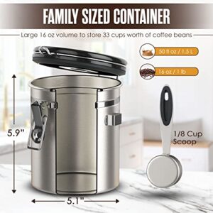 Houseables Coffee Canister, Espresso Container, Airtight Storage, Stainless Steel, 1/8 Cup Scoop, 16 Oz, Ground Bean Tin, Beans Keeper Jar, CO2 Valve, Date Tracker, Grounds Canisters, Nuts, Sugar