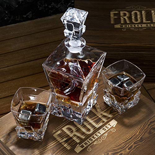 Whiskey Decanter and Stones Gift Set for Men - Whiskey Decanter, 2 Rocks Whiskey Glasses, 8 Stainless Steel Whisky Cubes, 2 Slate Coasters, Special Tongs & Freezer Pouch in Pinewood Gift Box