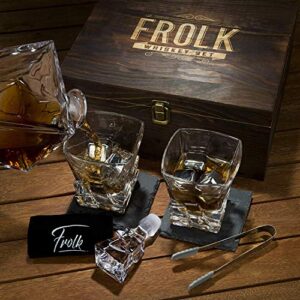 Whiskey Decanter and Stones Gift Set for Men - Whiskey Decanter, 2 Rocks Whiskey Glasses, 8 Stainless Steel Whisky Cubes, 2 Slate Coasters, Special Tongs & Freezer Pouch in Pinewood Gift Box