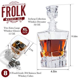 Whiskey Decanter and Stones Gift Set for Men - Whiskey Decanter, 2 Rocks Whiskey Glasses, 8 Stainless Steel Whisky Cubes, 2 Slate Coasters, Special Tongs & Freezer Pouch in Pinewood Gift Box