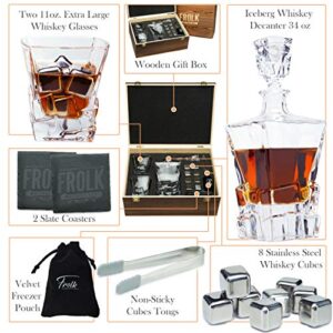 Whiskey Decanter and Stones Gift Set for Men - Whiskey Decanter, 2 Rocks Whiskey Glasses, 8 Stainless Steel Whisky Cubes, 2 Slate Coasters, Special Tongs & Freezer Pouch in Pinewood Gift Box