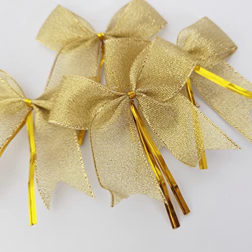 Micomon 50pcs 3-1/2" Metallic Gold Bows Twist Tie Bows for Gift Wrapping with Fish Tails (Gold)