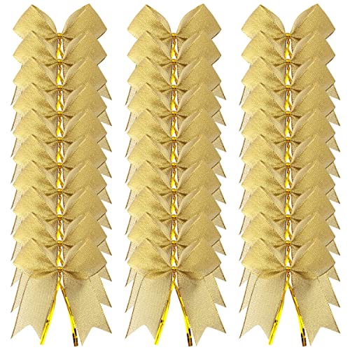 Micomon 50pcs 3-1/2" Metallic Gold Bows Twist Tie Bows for Gift Wrapping with Fish Tails (Gold)