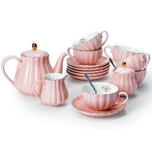 amazingware porcelain tea set - tea cup and saucer set service for 6, with 28 oz teapot sugar bowl cream pitcher teaspoons and tea strainer - for thanksgiving - pumpkin fluted shape, pink