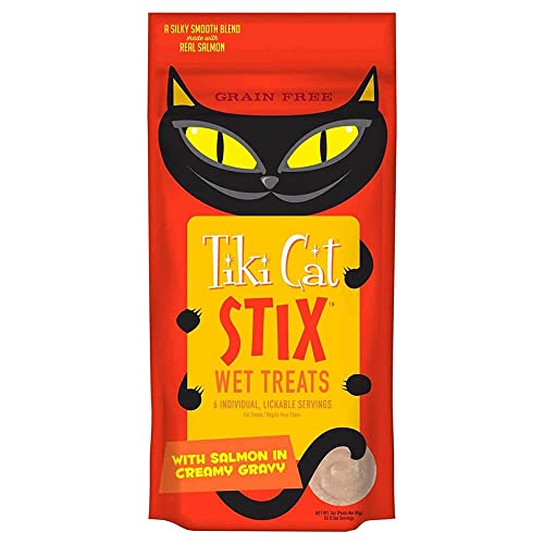 Tiki Cat Stix Wet Mousse Treats, Single Serve Indulgent Lickable Treat or Dry Food Topper, with Salmon in Creamy Gravy, 3 oz. Pouch (Pack of 6)