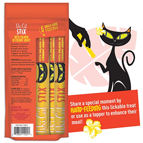 Tiki Cat Stix Wet Mousse Treats, Single Serve Indulgent Lickable Treat or Dry Food Topper, with Salmon in Creamy Gravy, 3 oz. Pouch (Pack of 6)