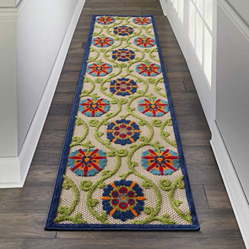 Nourison Aloha Indoor/Outdoor Blue/Multicolor 2'3" x 8' Area -Rug, Easy -Cleaning, Non Shedding, Bed Room, Living Room, Dining Room, Deck, Backyard, Patio (2x8)