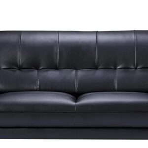 Benjara Leatherette Upholstered Wooden Sofa with Bustle Back and Stainless Steel Legs, Black